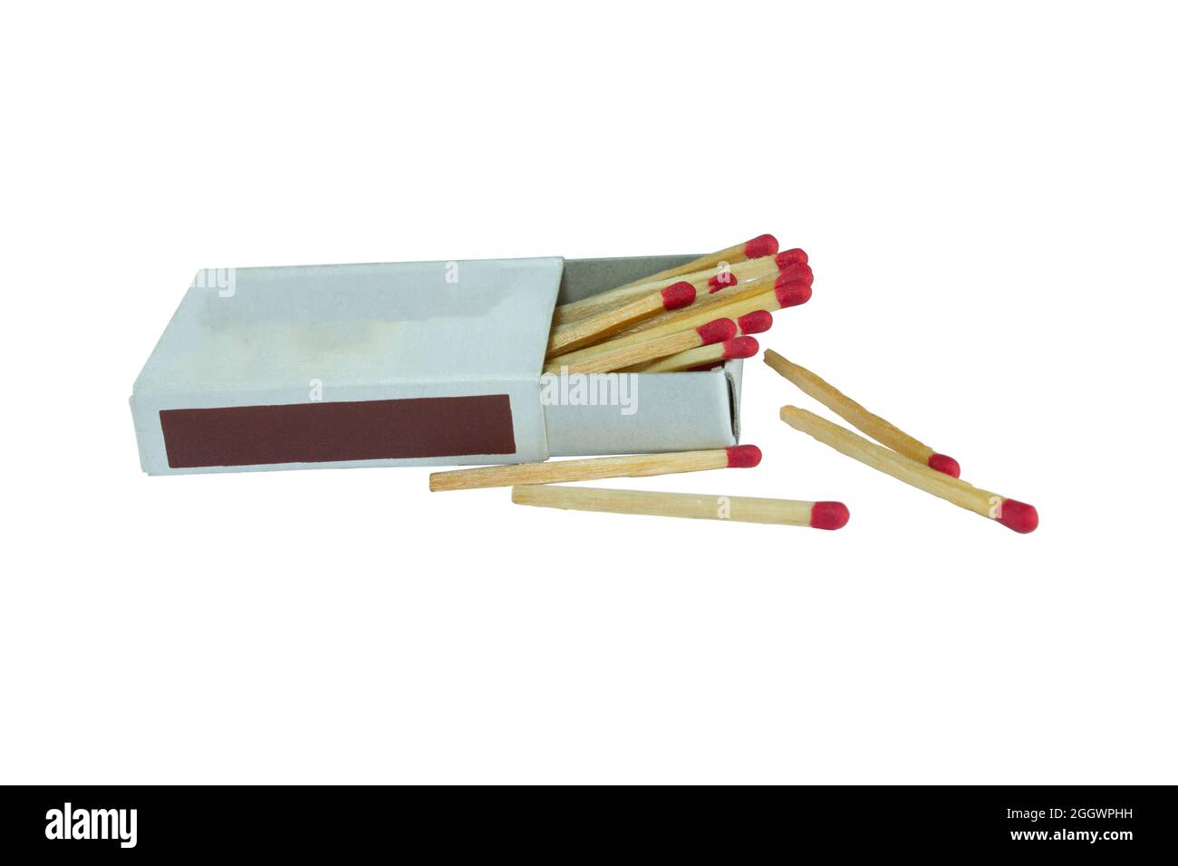 Red matchbox and matches isolated on white background. Side view and ...