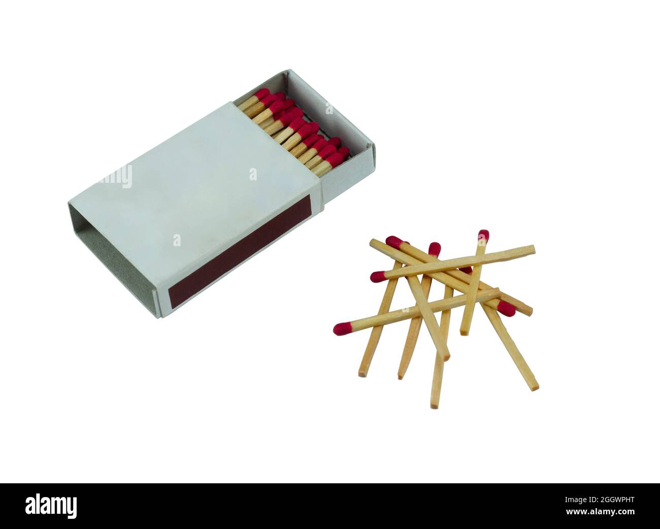 Red matchbox and matches isolated on white background. Side view and ...