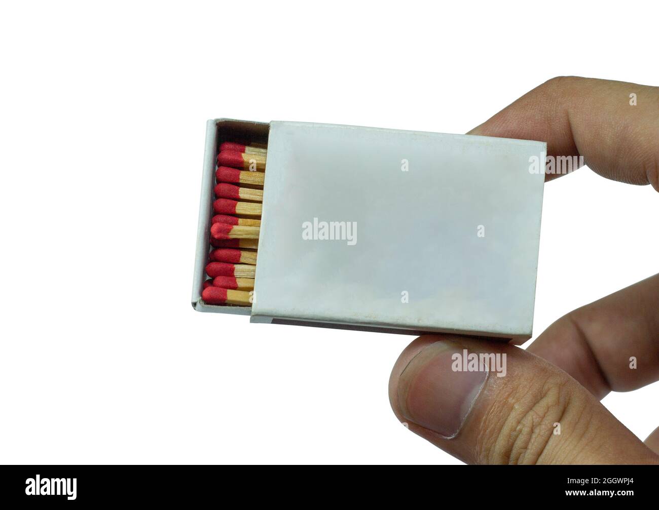 Top view of someone hold the opened red matchbox isolated on white ...