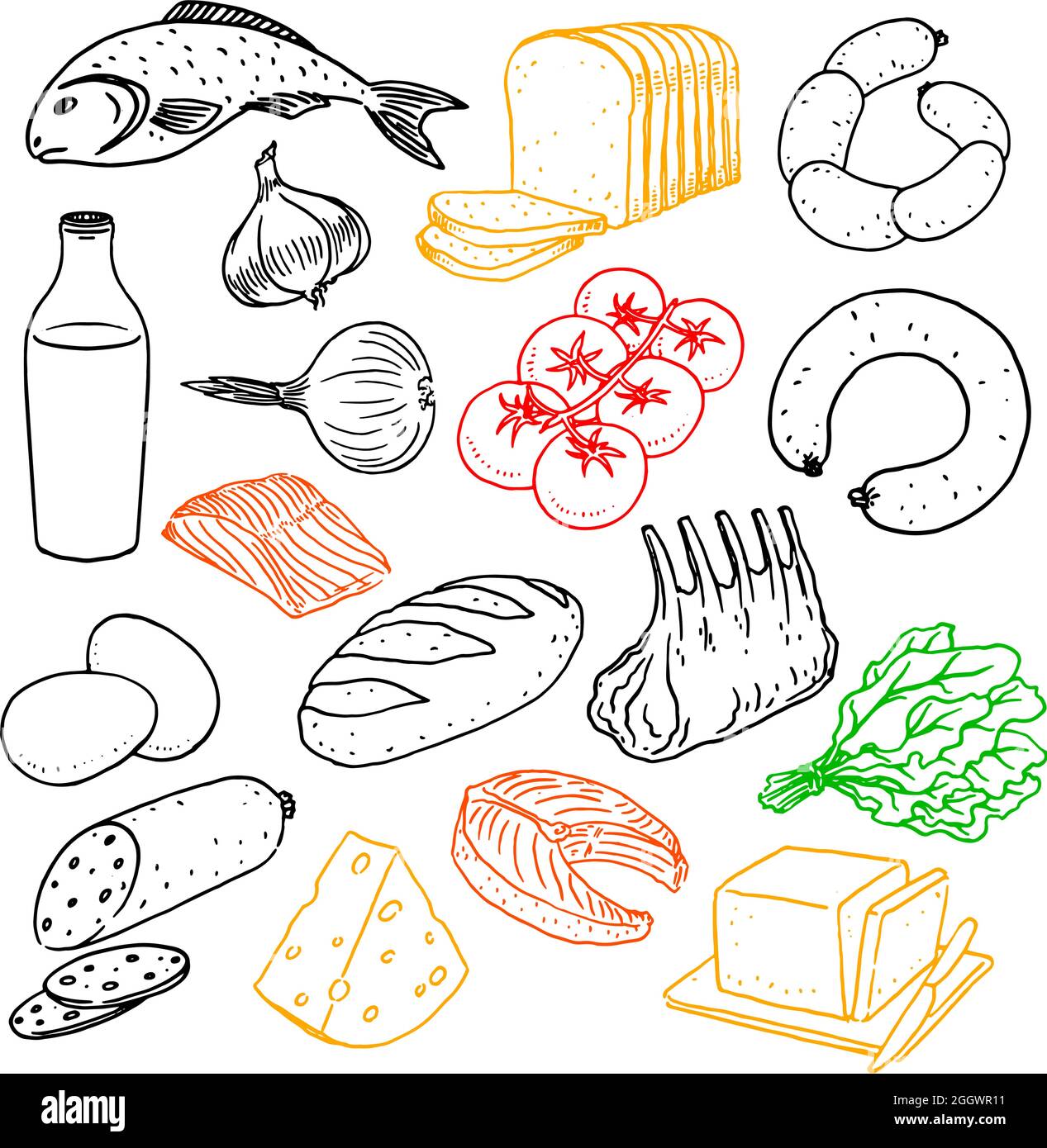 Collection of different products. hand-drawn illustration Stock Vector ...