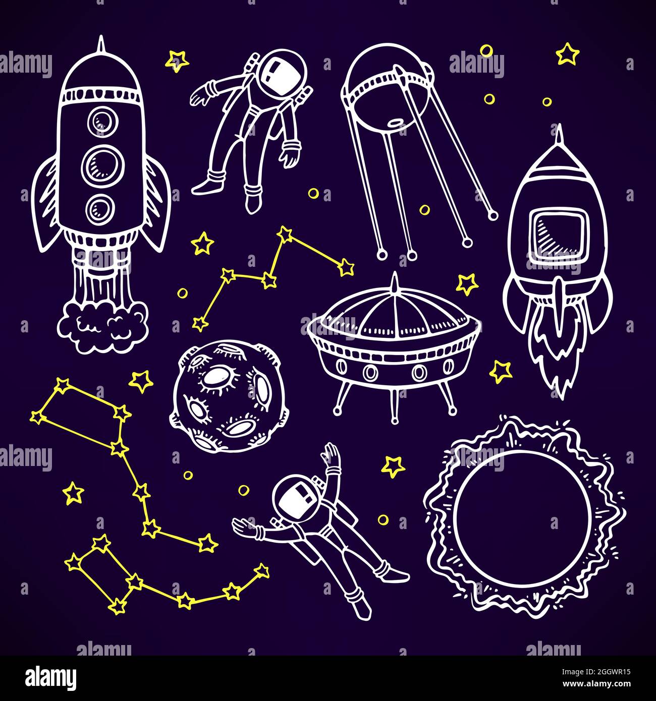 cosmic set with cute rockets and astronauts. hand-drawn illustration ...