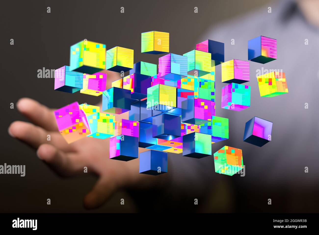 Person presenting a 3D render of Internet broadband and data streaming ...