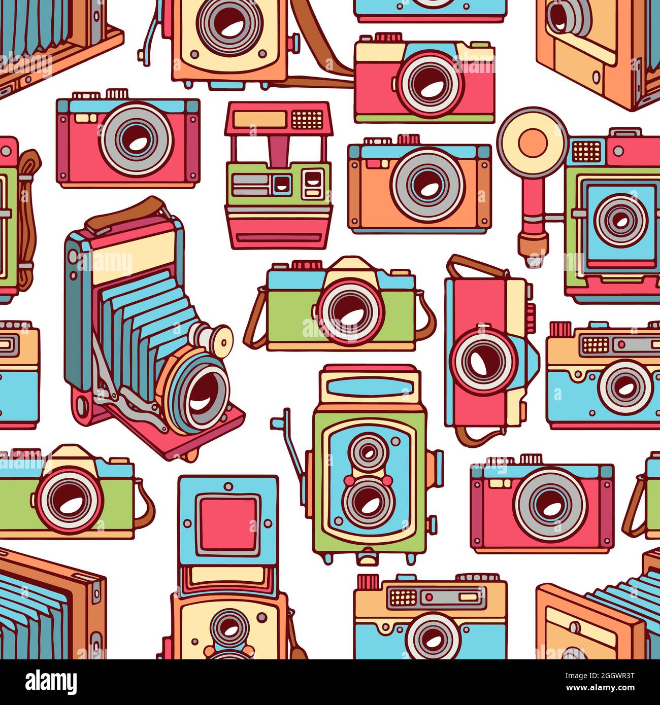 seamless with different vintage colorful cameras. hand-drawn ...