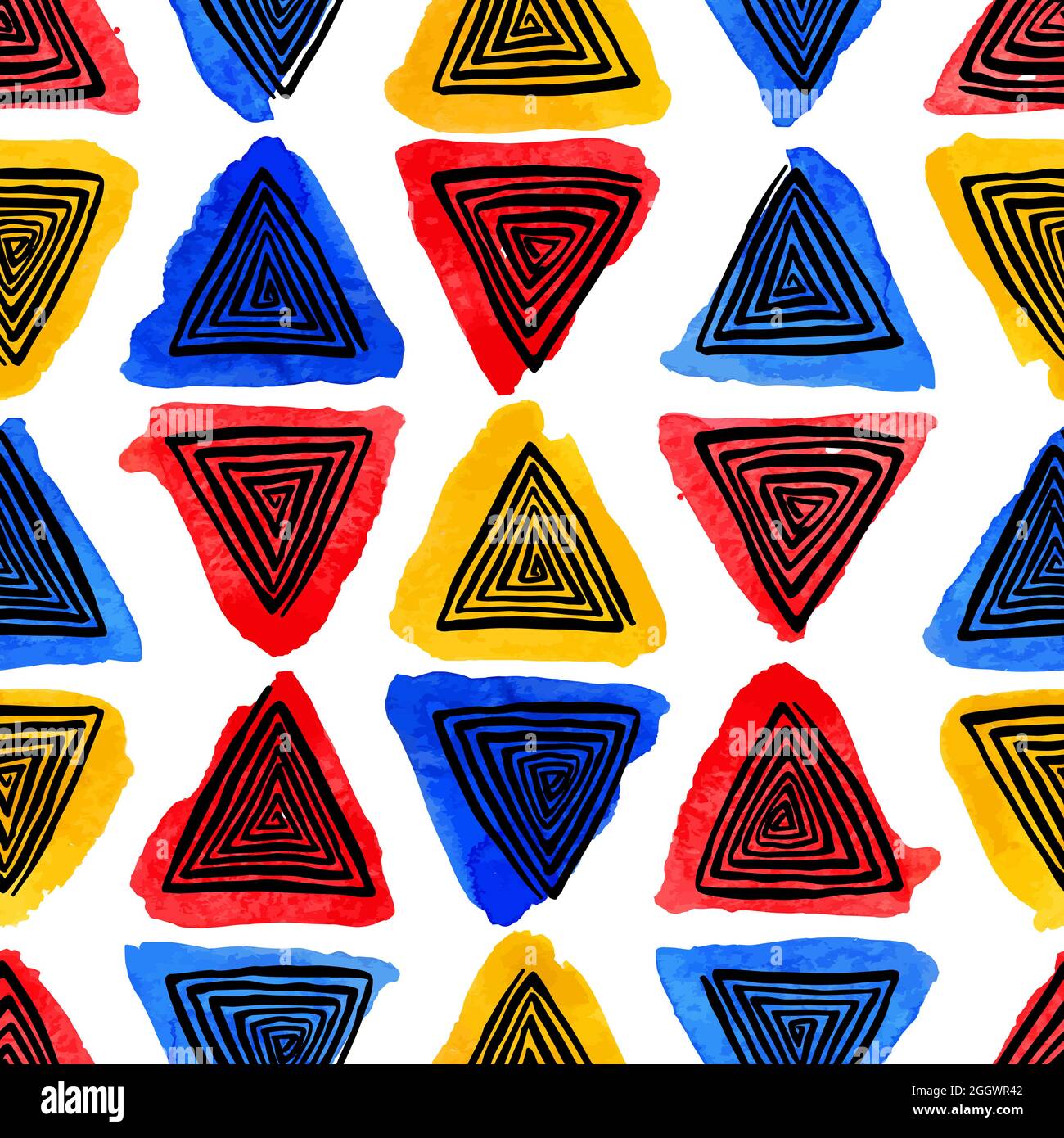 Abstract seamless pattern of colored watercolor and black spiral ...