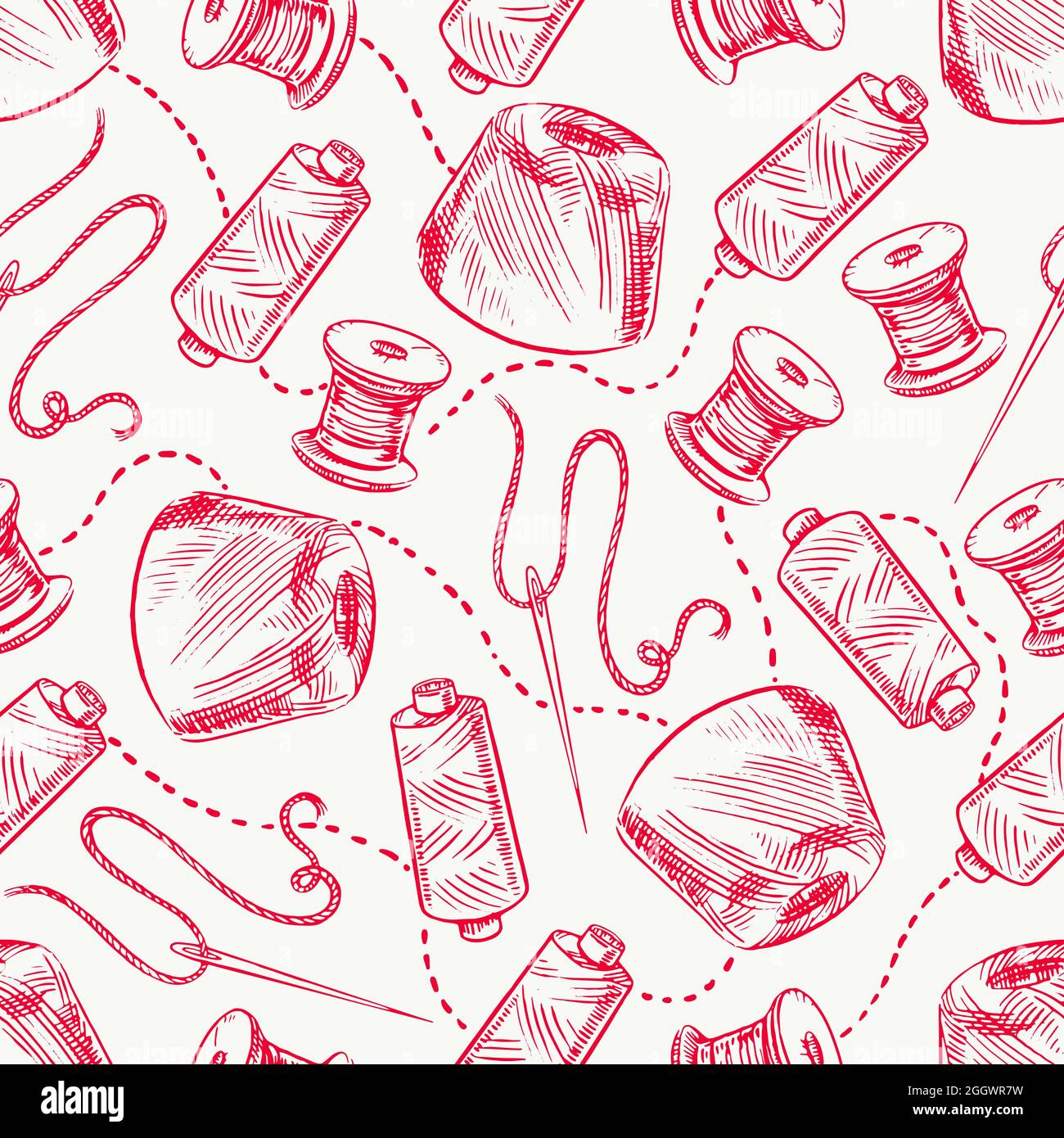 Seamless background with different spools of thread and needles. hand-drawn illustration Stock ...
