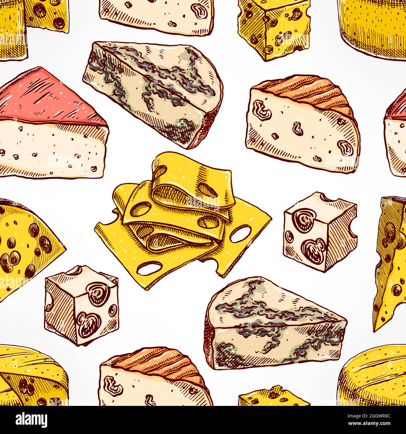 Seamless background with various sketch cheeses. hand-drawn ...