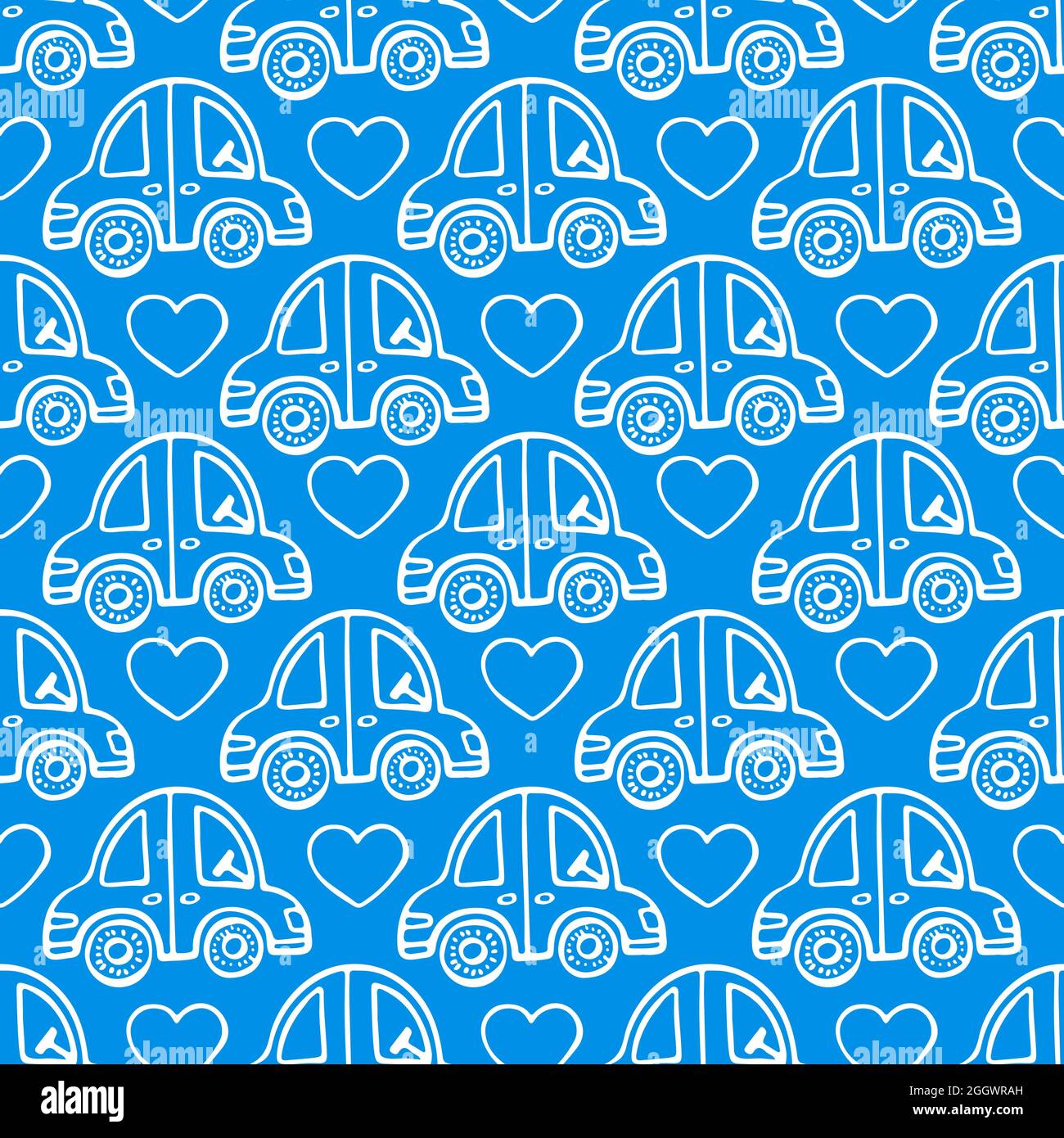 cute blue seamless pattern of cars and hearts. hand-drawn illustration ...