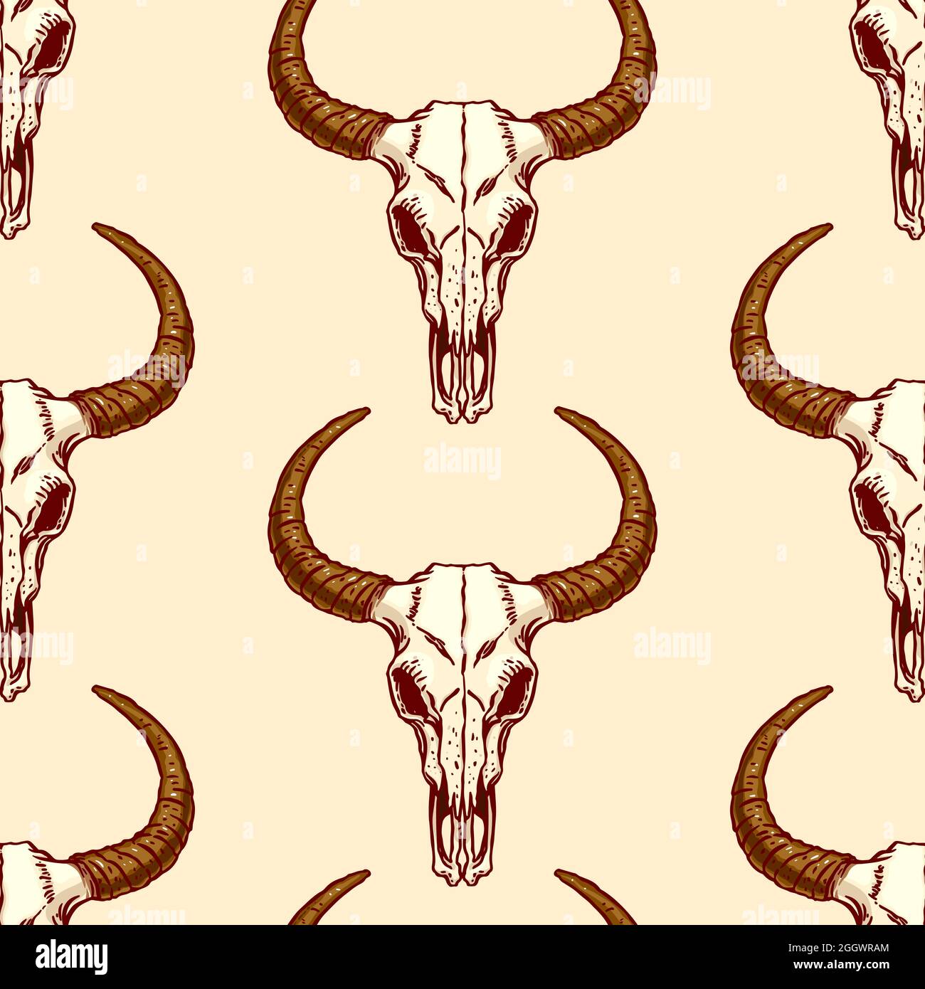 cute seamless pattern of skulls bull on a yellow background. hand-drawn ...