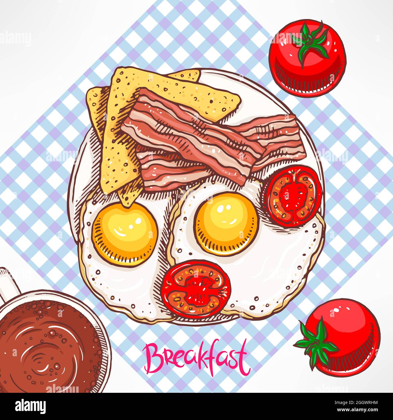 breakfast. bacon, scrambled eggs, toast and tomatoes. hand-drawn ...