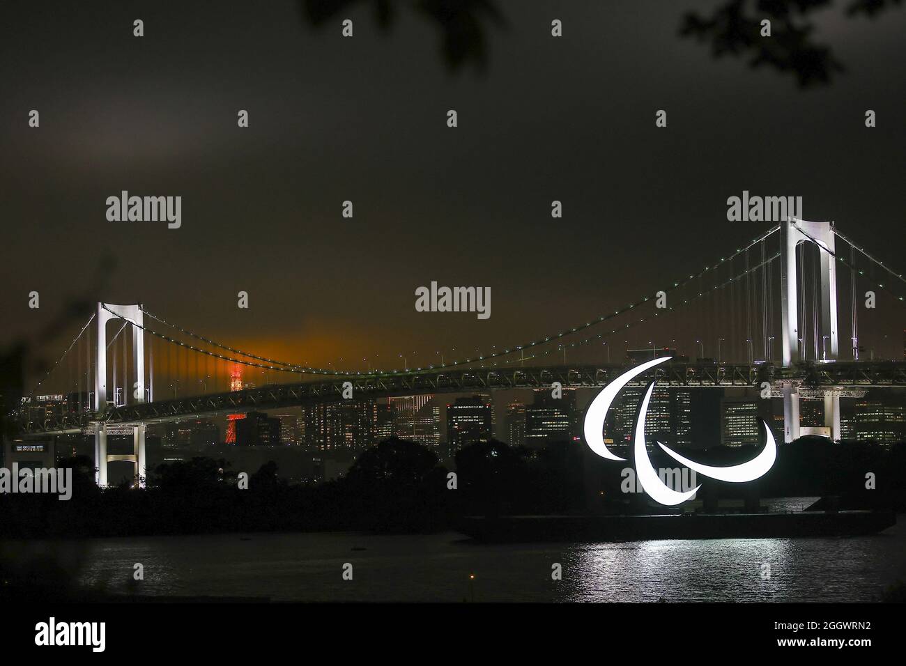 Emblem of the Tokyo 2020 Paralympic Games, Three Agitos. Tokyo, Daiba ...
