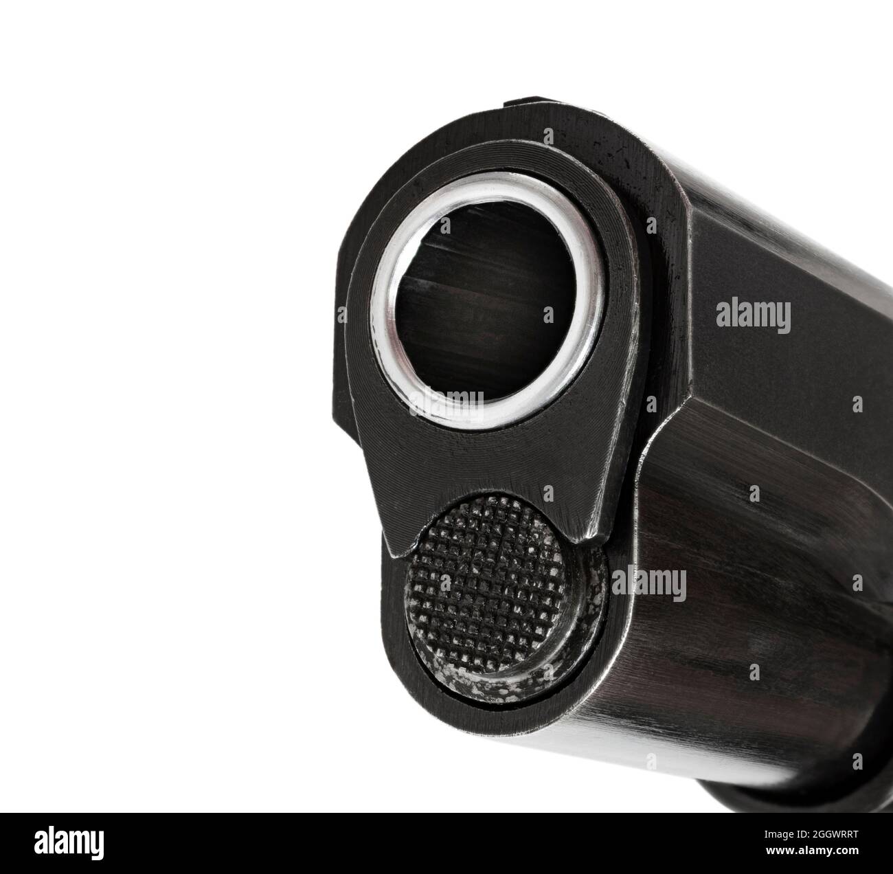 Semi automatic handgun muzzle quartering toward viewer isolated on ...