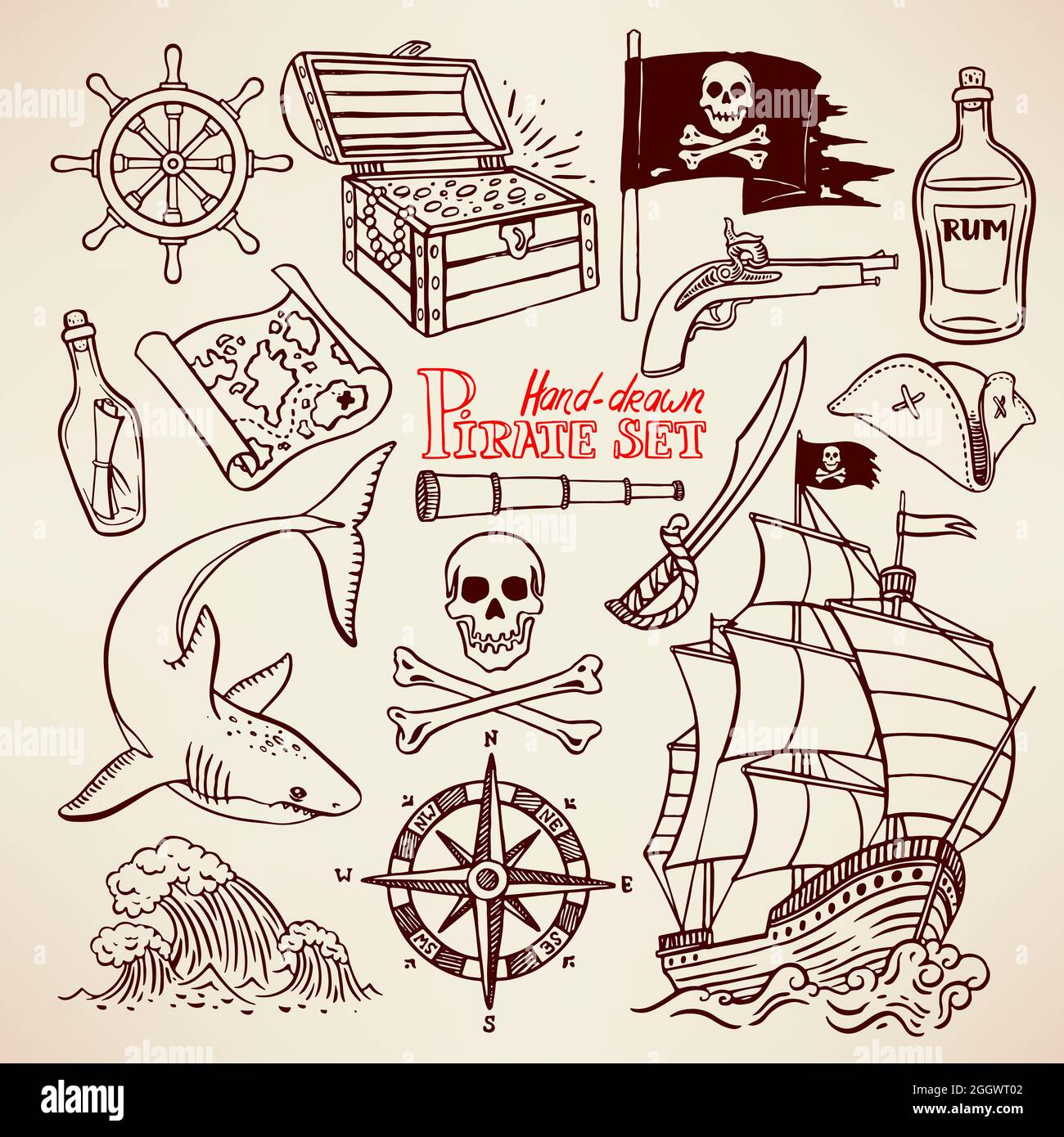 sketch pirate set. collection of hand-drawn pirate paraphernalia ...
