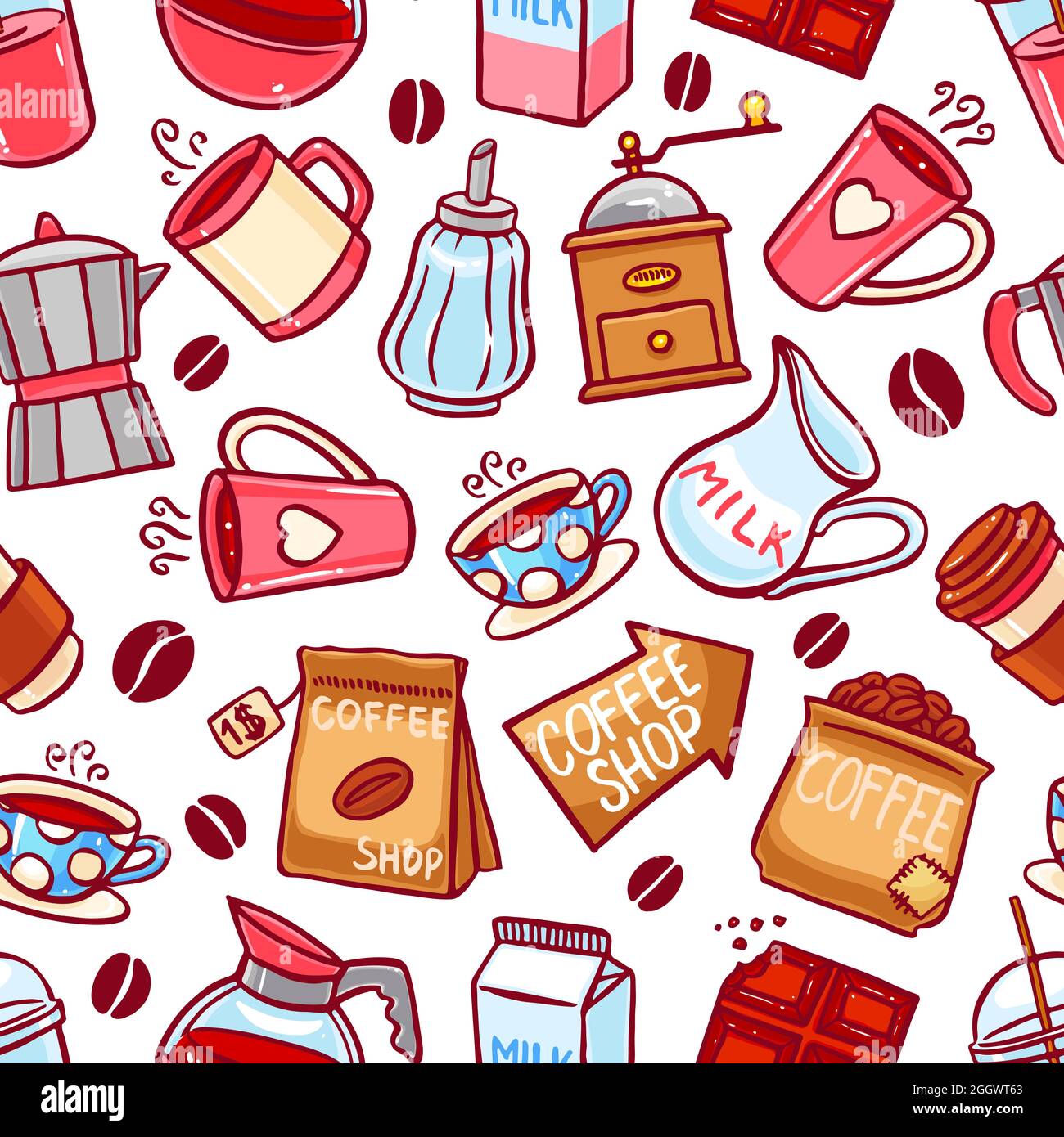 cute seamless background of coffee icons. hand-drawn illustration Stock ...