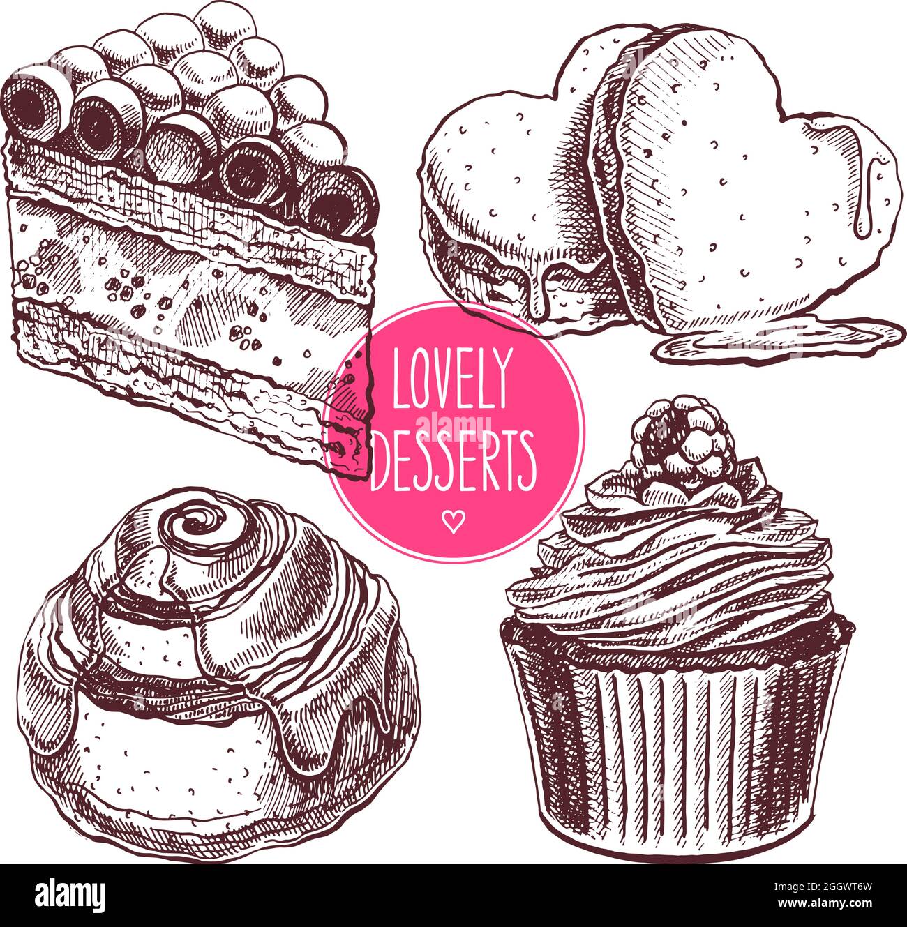 Set of four different delicious desserts. hand-drawn illustration Stock ...