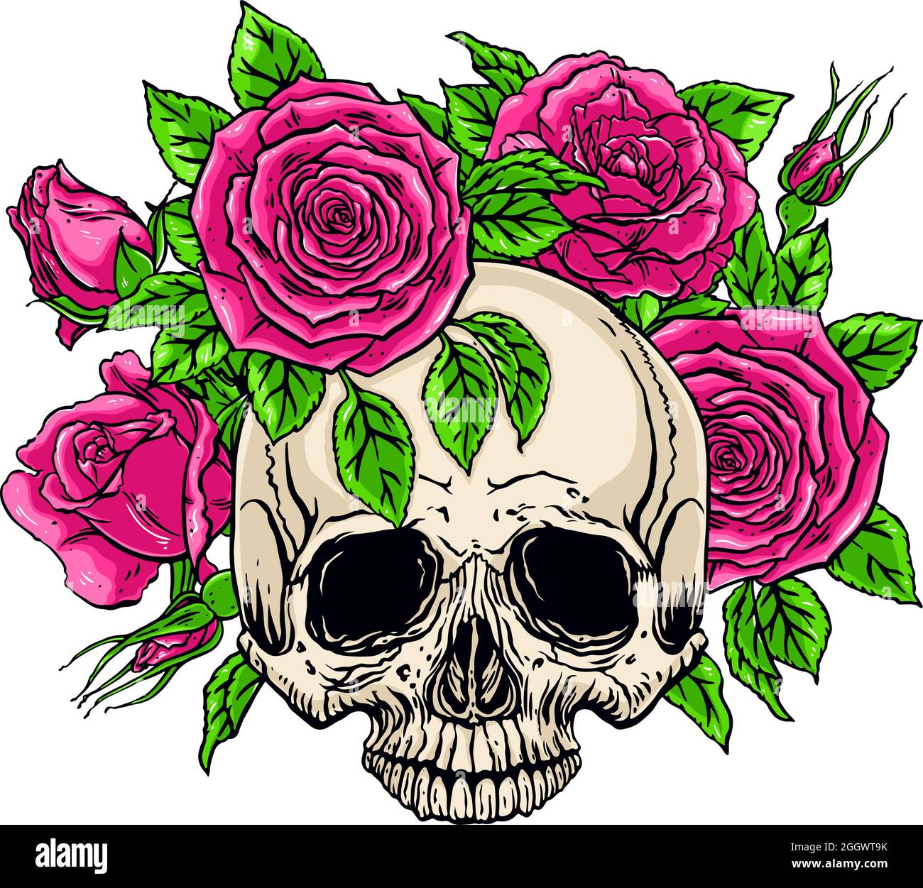 hand drawn illustration of anatomy human skull with a roses wreath ...