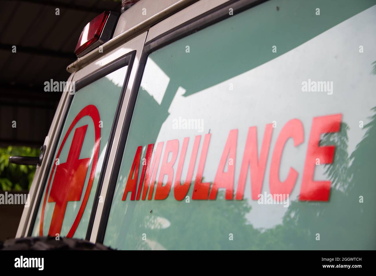 Close up of Ambulance vehicle ready for departure for emergency medical ...