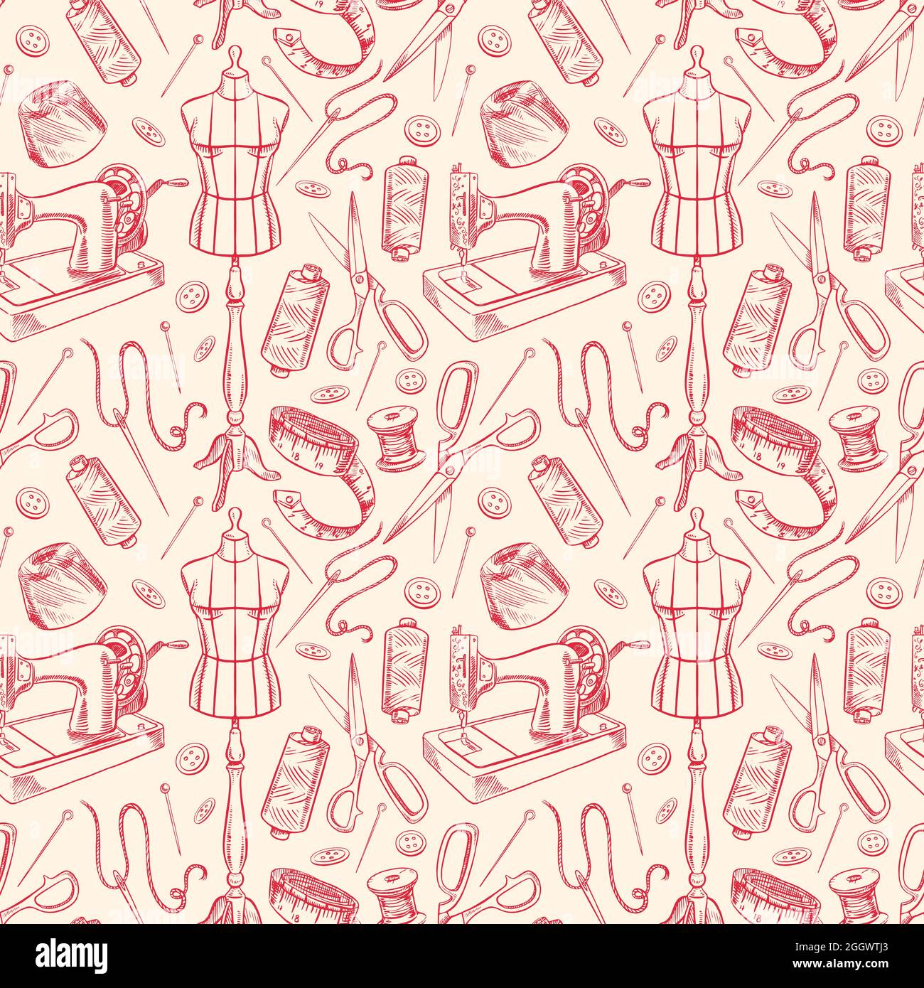 Seamless Background With Sketch Tailoring Equipment Mannequin Sewing