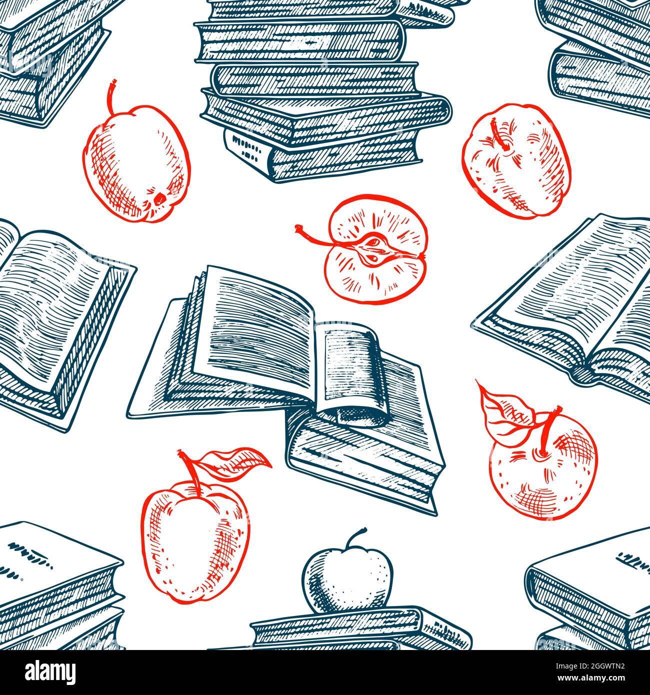 Seamless background with different books and apples. hand-drawn ...