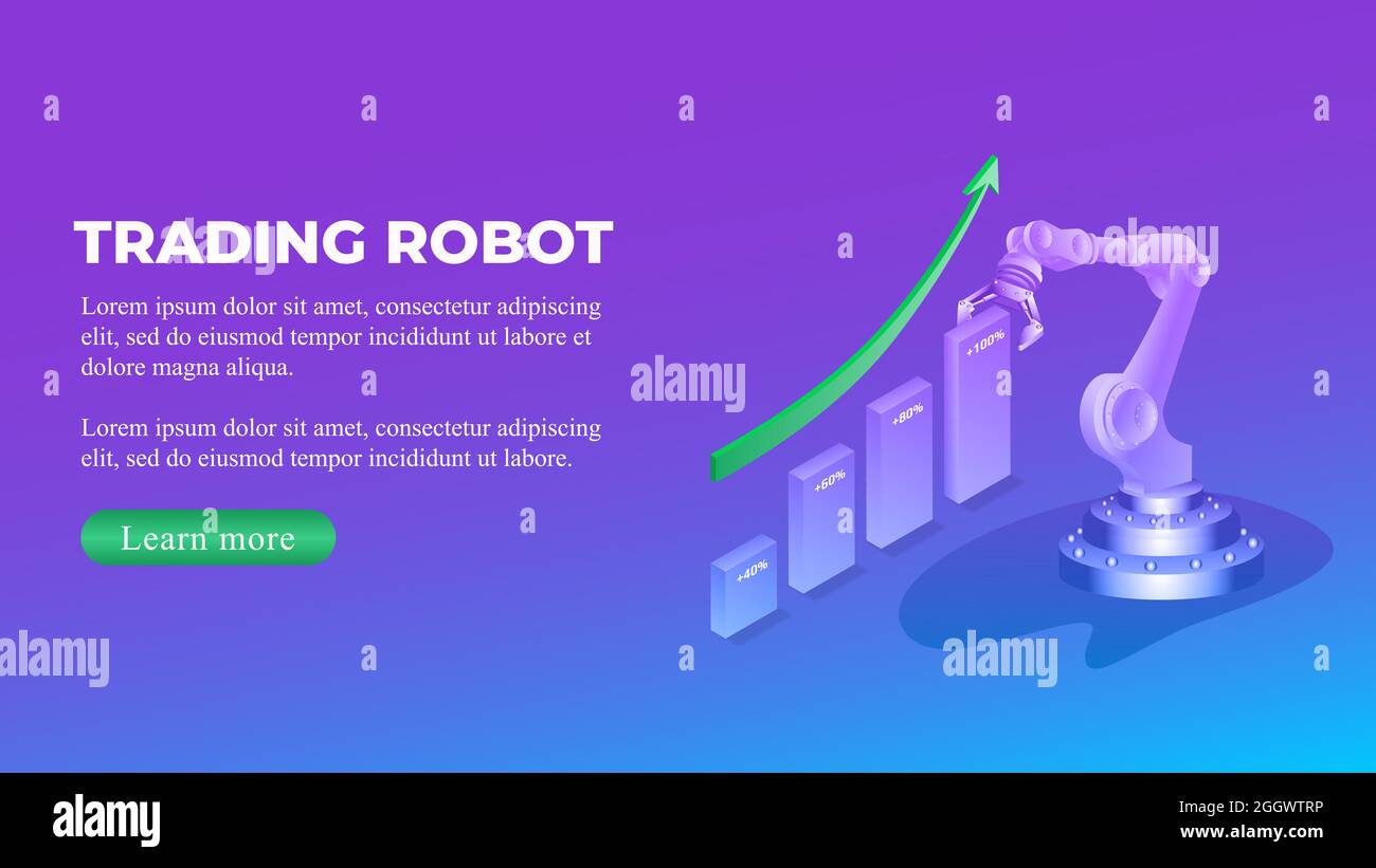 Trading Robot Isometric Concept With Chart And Upward Arrow And Copy Space Automatic Bot