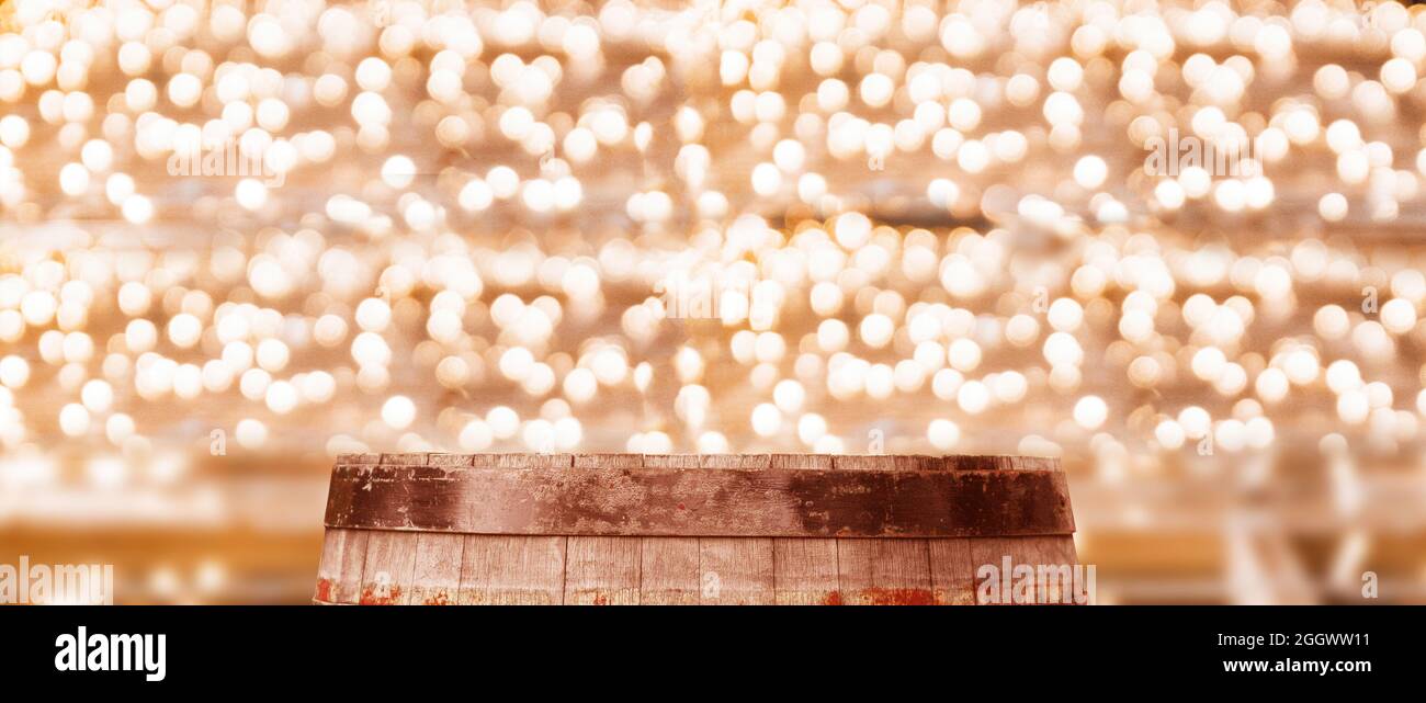 Retro old oak beer keg podium for products banner on bright garland ...