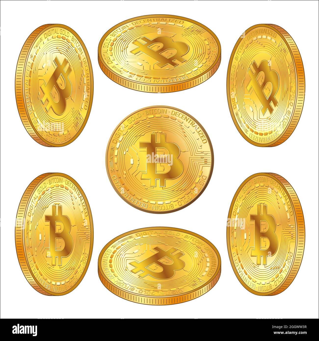 Set of detailed gold coins Bitcoins in isometric view isolated on white ...