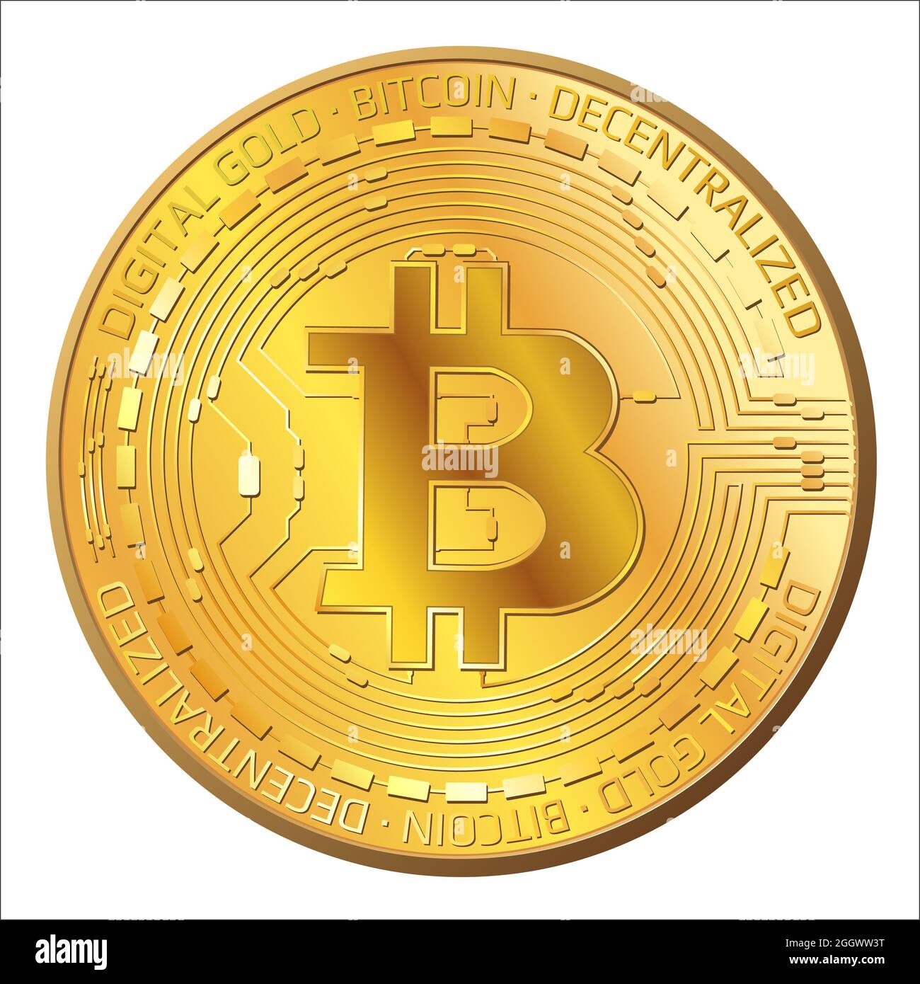 Detailed golden coins Bitcoin in front view isolated on white. BTC ...