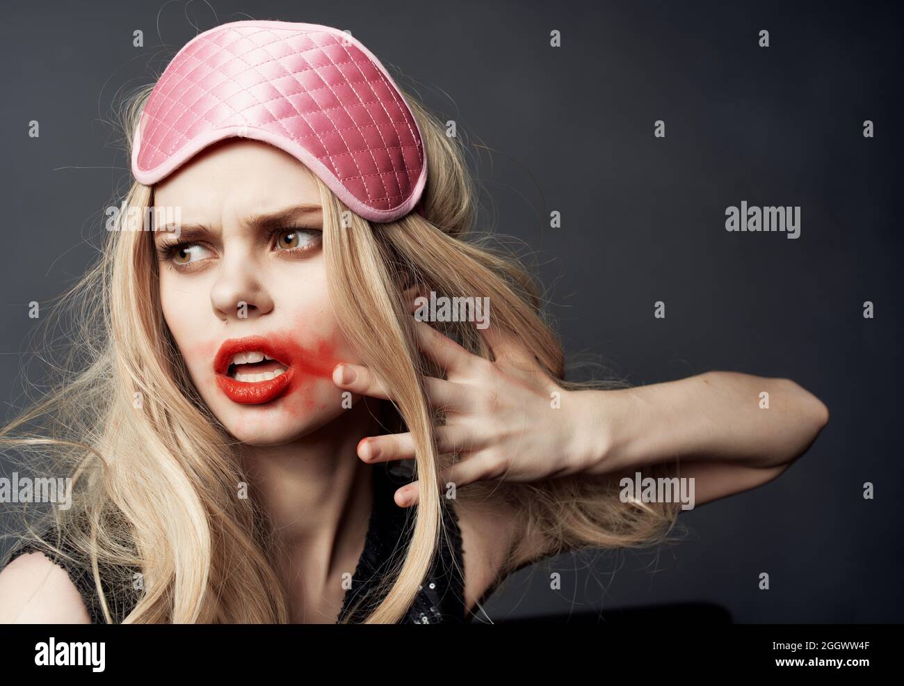 pretty woman smeared lipstick night life alcohol bottle close-up Stock ...