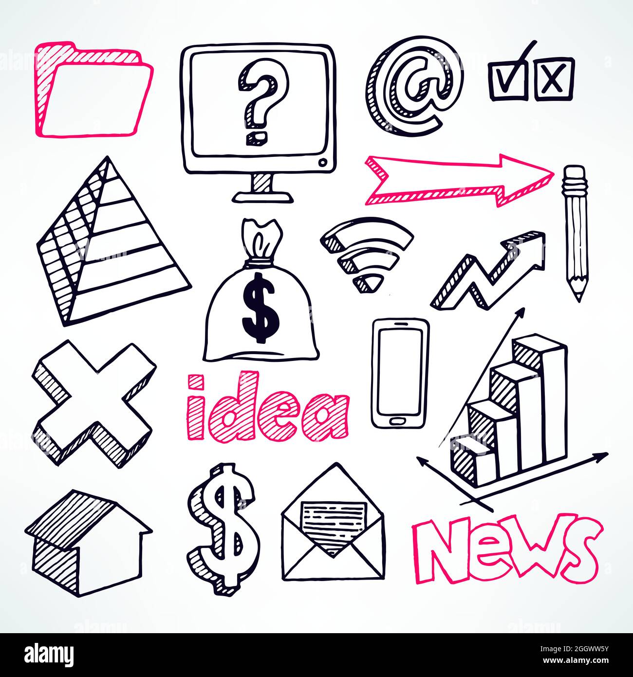 vector set of hand-drawn icons and text on white background Stock ...
