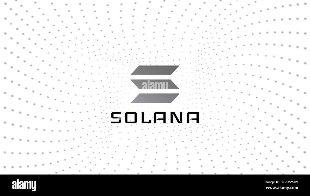 Solana SOL token symbol cryptocurrency in the center of spiral of dots on white background ...