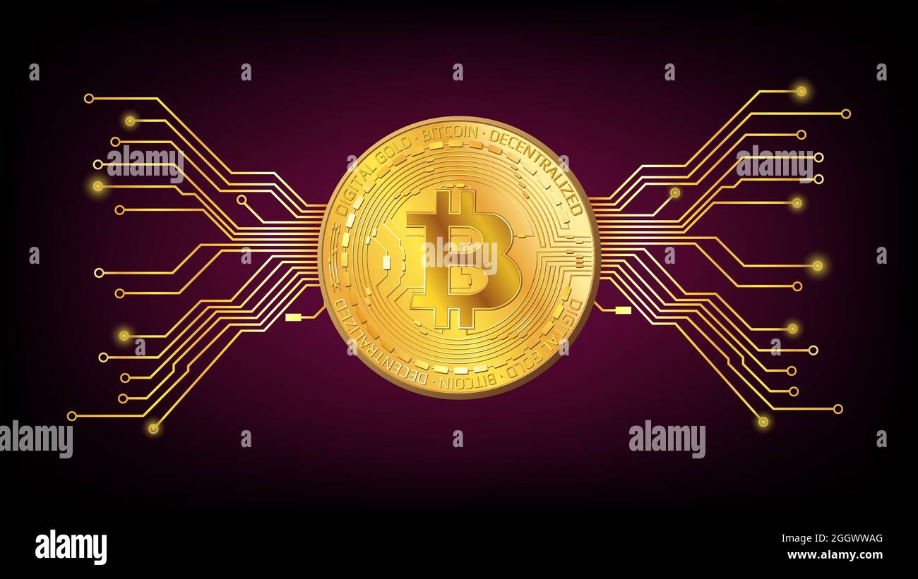 Detailed gold coin Bitcoin BTC token with pcb tracks on dark red ...