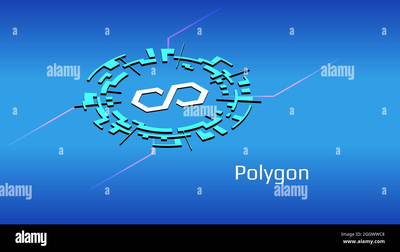Polygon MATIC isometric token symbol in digital circle on blue ...
