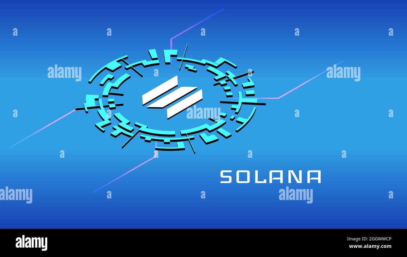 Solana SOL isometric token symbol in digital circle on blue background ...