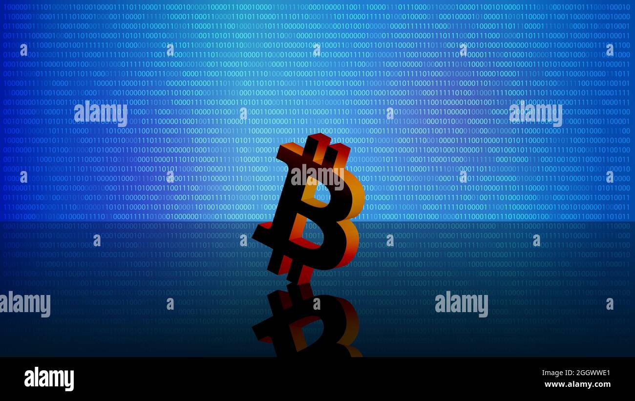 Bitcoin BTC token symbol on mirror floor on blue digital background ...