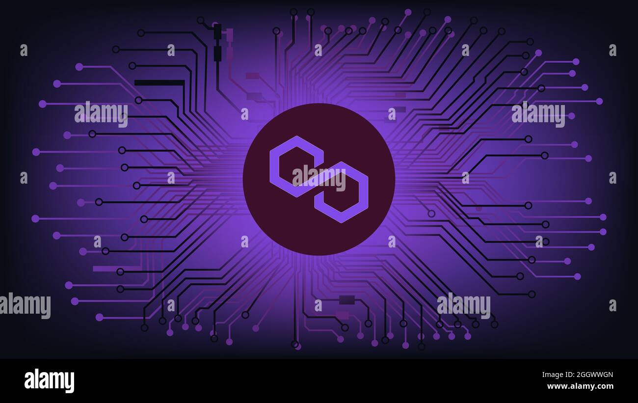 Polygon MATIC cryptocurrency token symbol in circle on abstract digital ...