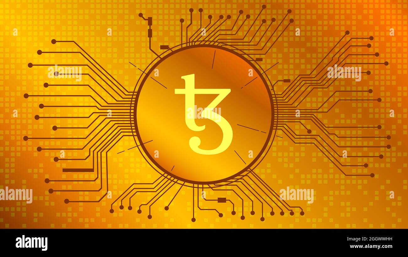 Tezos XTZ cryptocurrency token symbol in circle with PCB tracks on gold ...