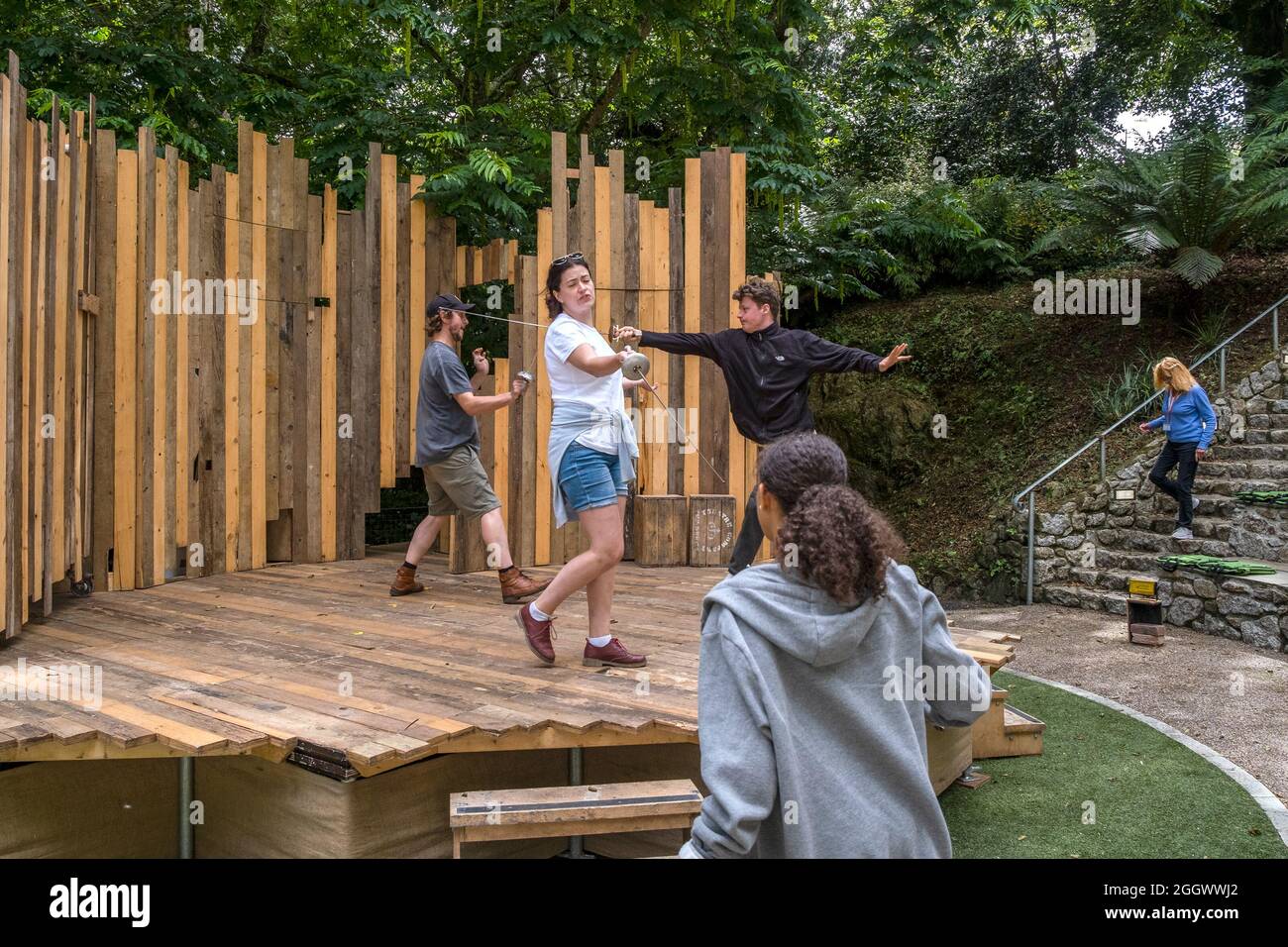 Actors at a fight rehearsal at Trebah Garden Amphitheatre in Cornwall ...