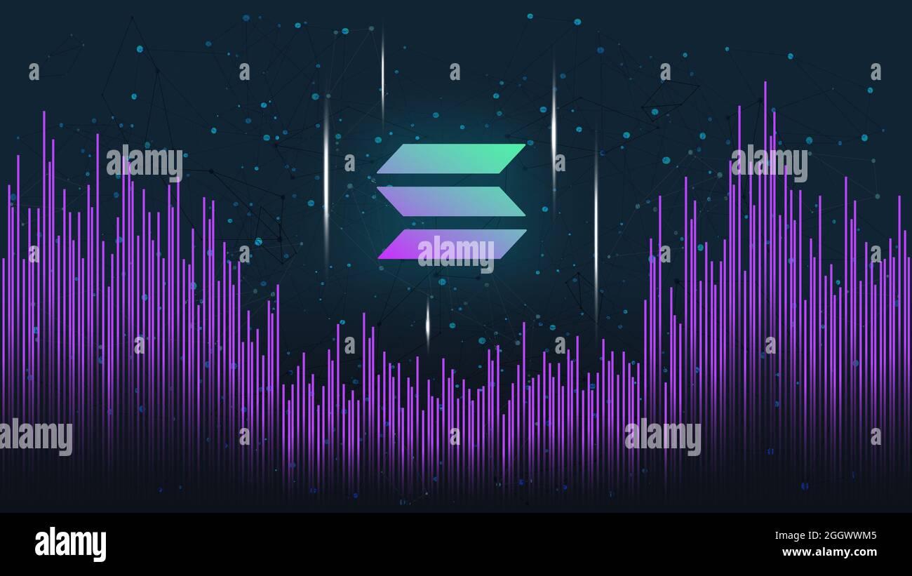Solana SOL token symbol on dark polygonal background with wave of lines ...