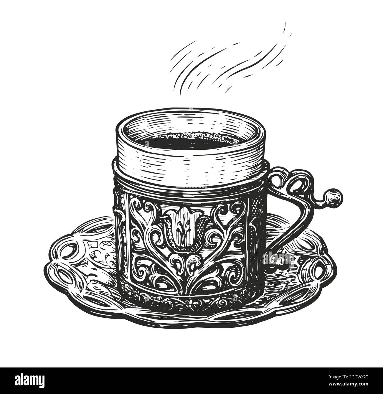 Turkish coffee sketch. Hand drawn cup on a platter. Vintage vector ...