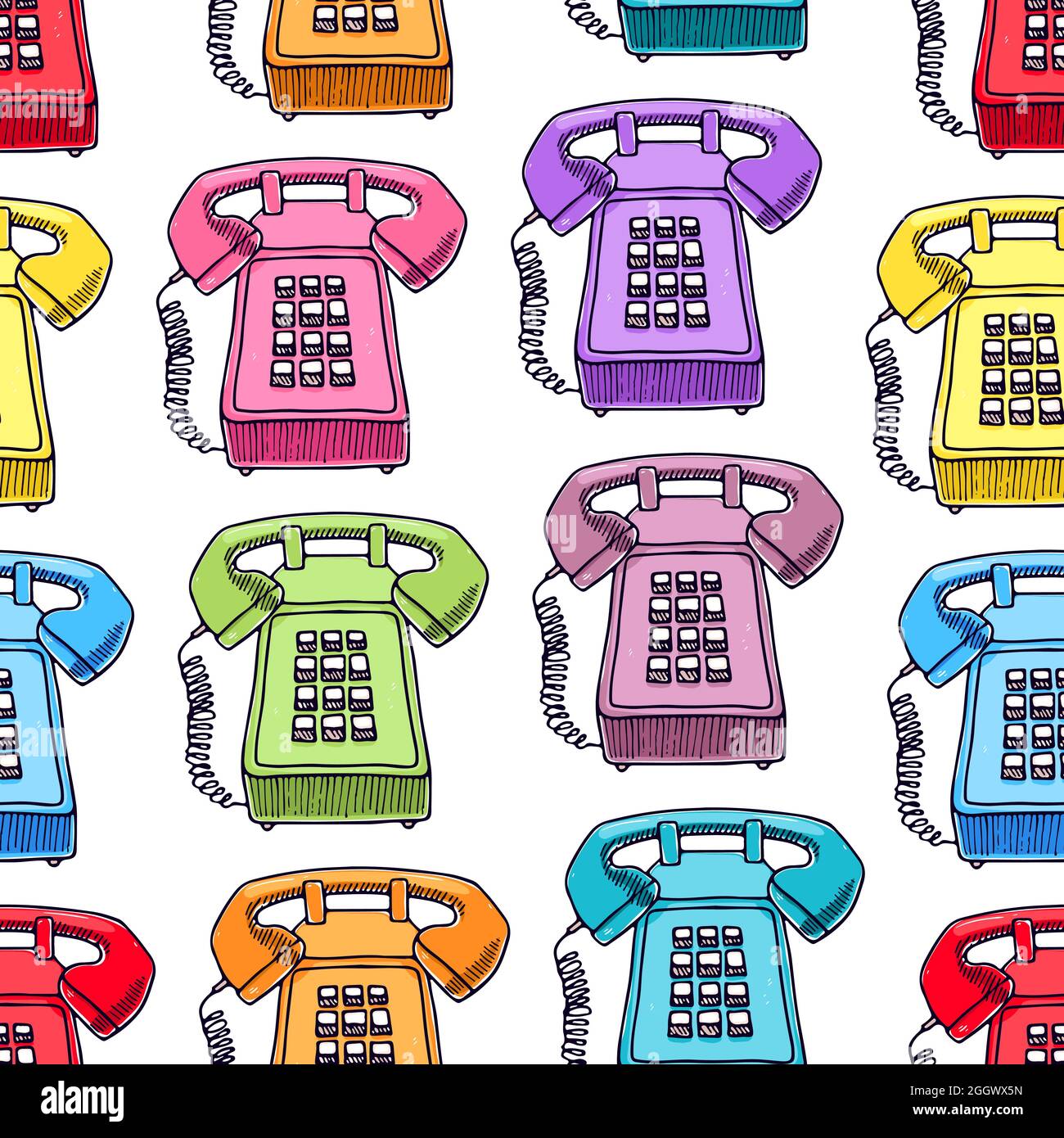cute seamless background of multicolored vintage phones. hand-drawn ...