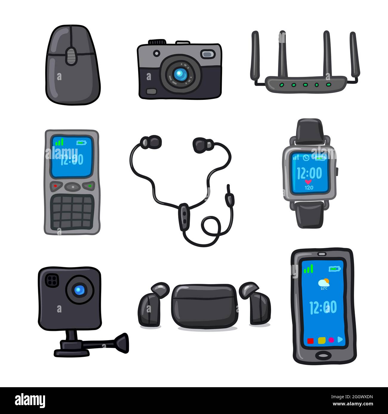 Sketch cartoon color icons set. Icons for technology, digital devices ...