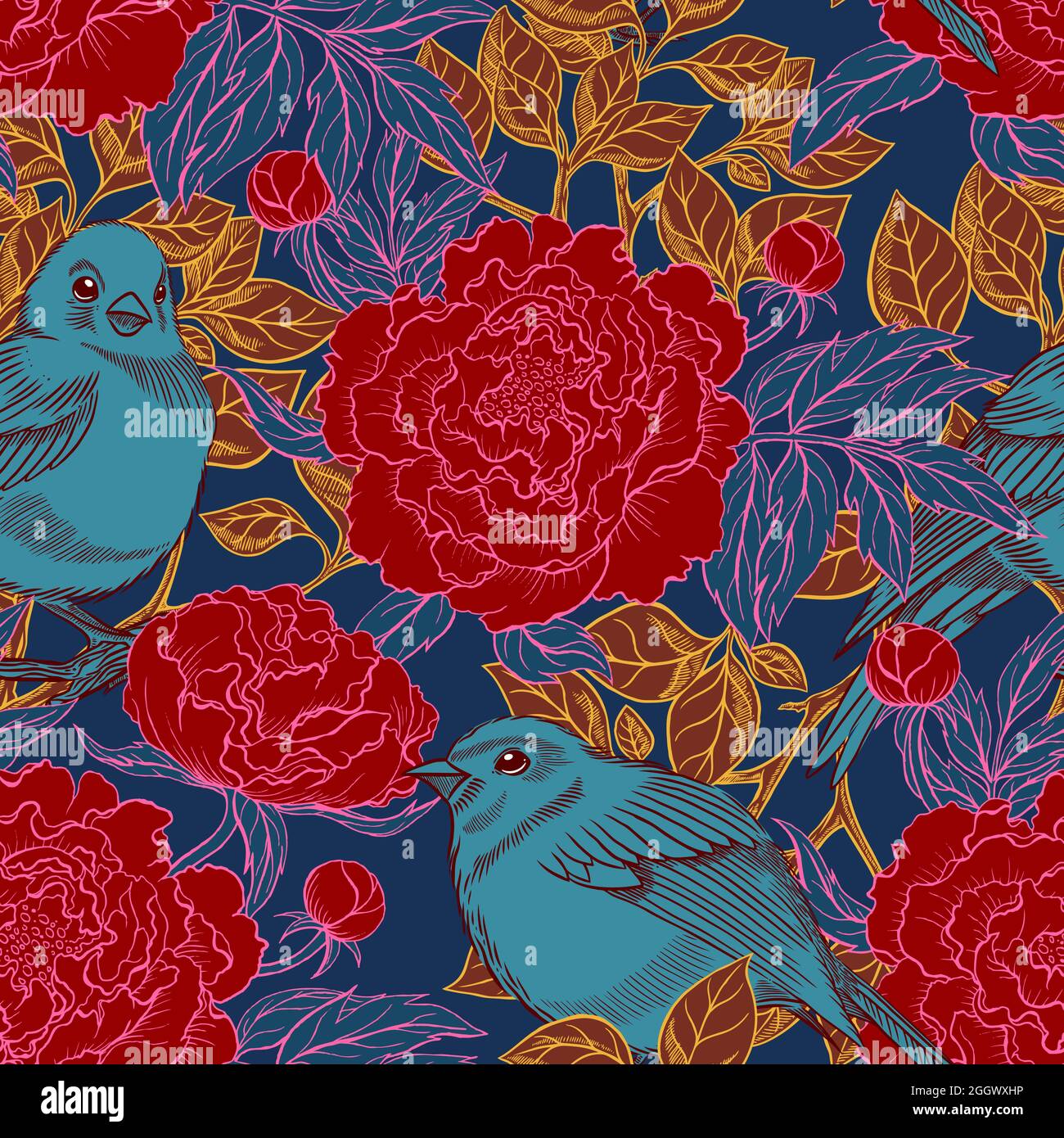 Beautiful retro seamless pattern of birds and blooming peonies Stock ...