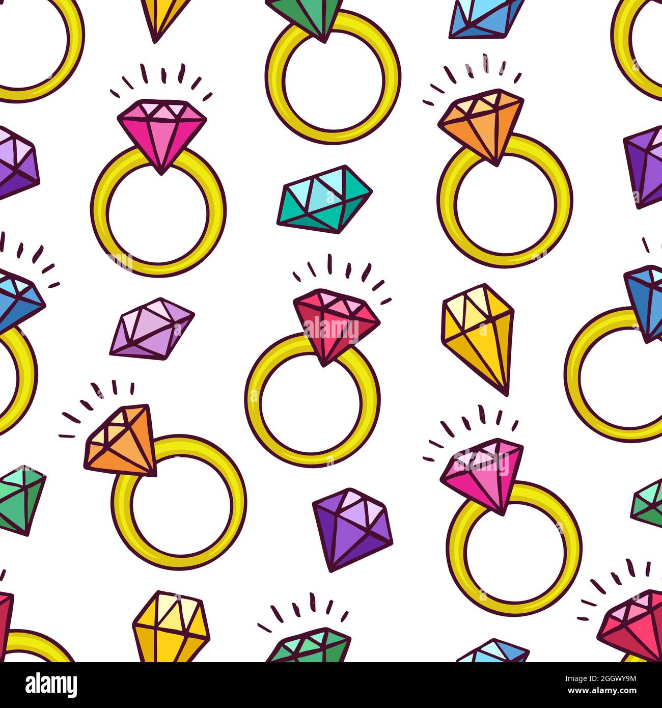 cute seamless background of rings and different gems. hand-drawn ...