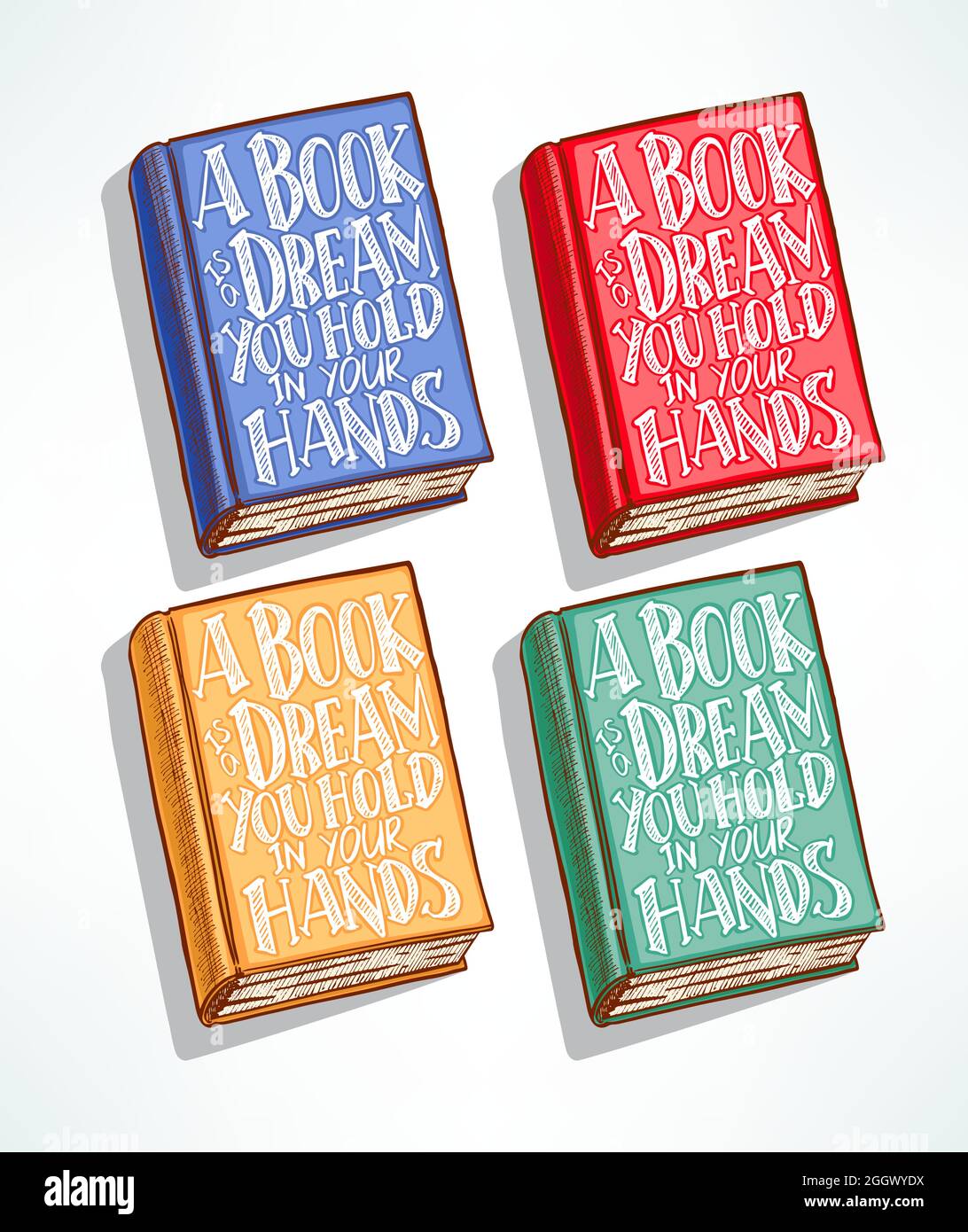 four hand-drawn books of different colors with the quote on the cover ...