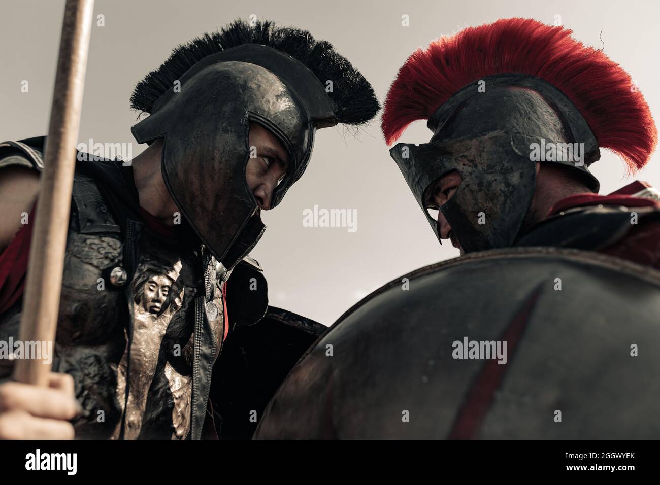 Duel between two ancient greek warriors in battle dress with shields ...