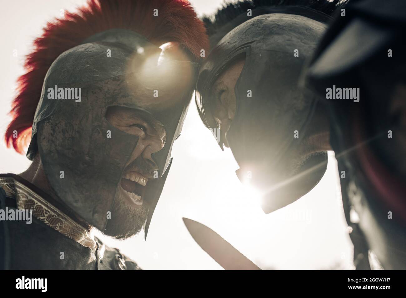 Duel between two screaming in rage ancient greek warriors in battle ...