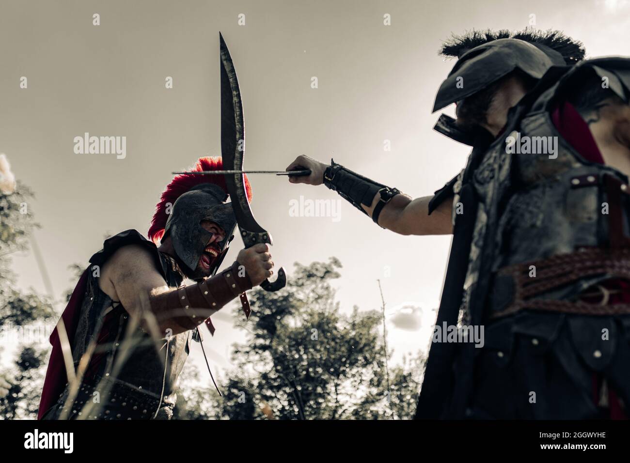 Battle with swords between two ancient greek or roman warriors in ...