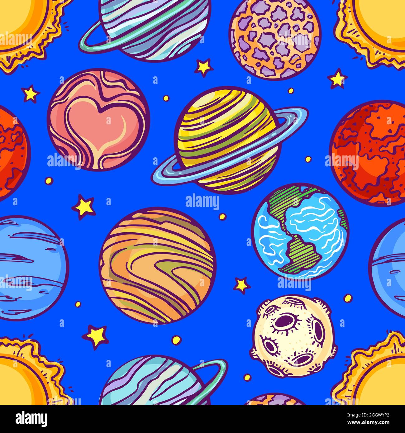beautiful seamless pattern with planets of the solar system. hand-drawn ...