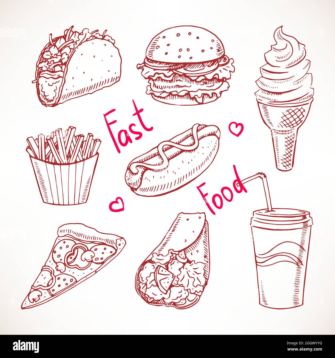 Set with various fast food. hot dog, hamburger, pizza slice. hand-drawn ...