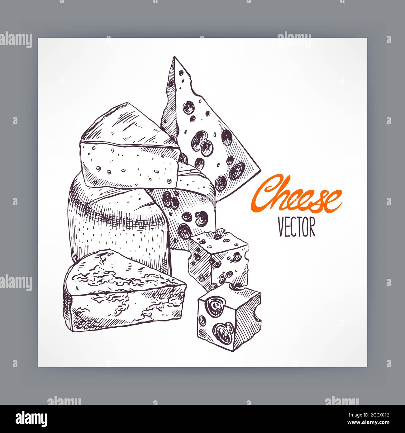 background with various appetizing sketch cheeses. hand-drawn ...