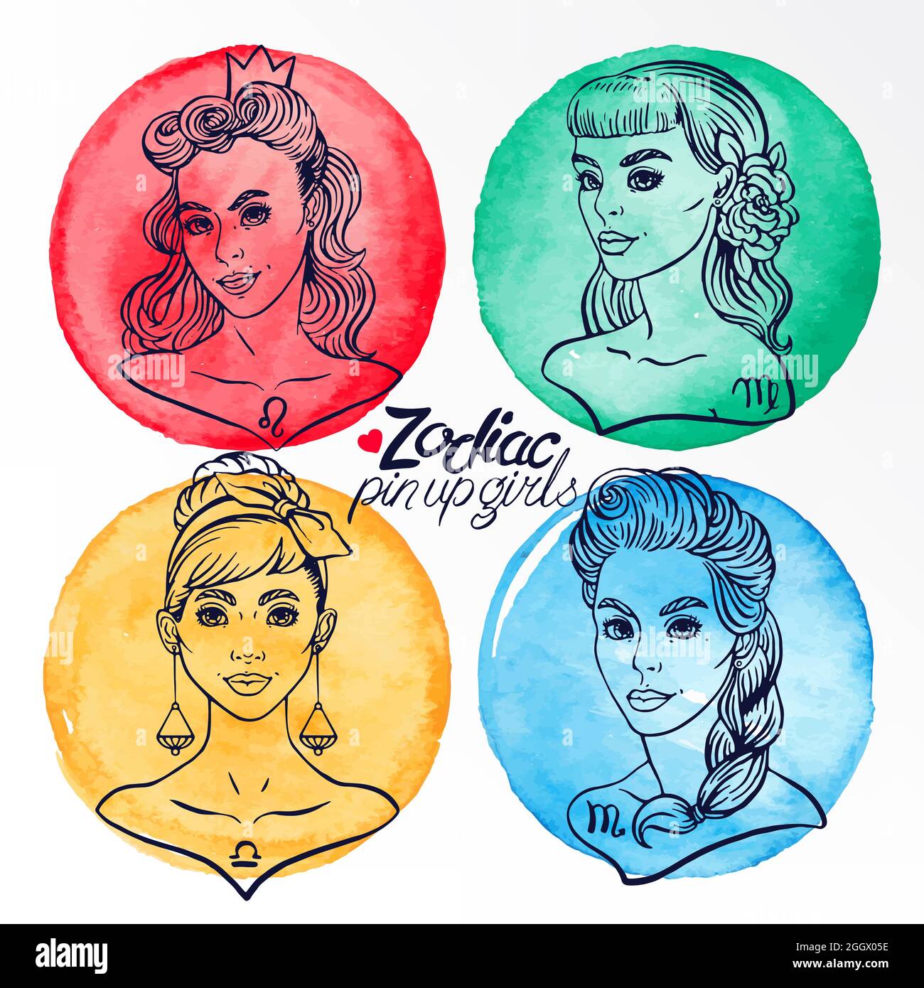 set of four zodiac signs as a girls in the pin-up style. Leo. Libra ...